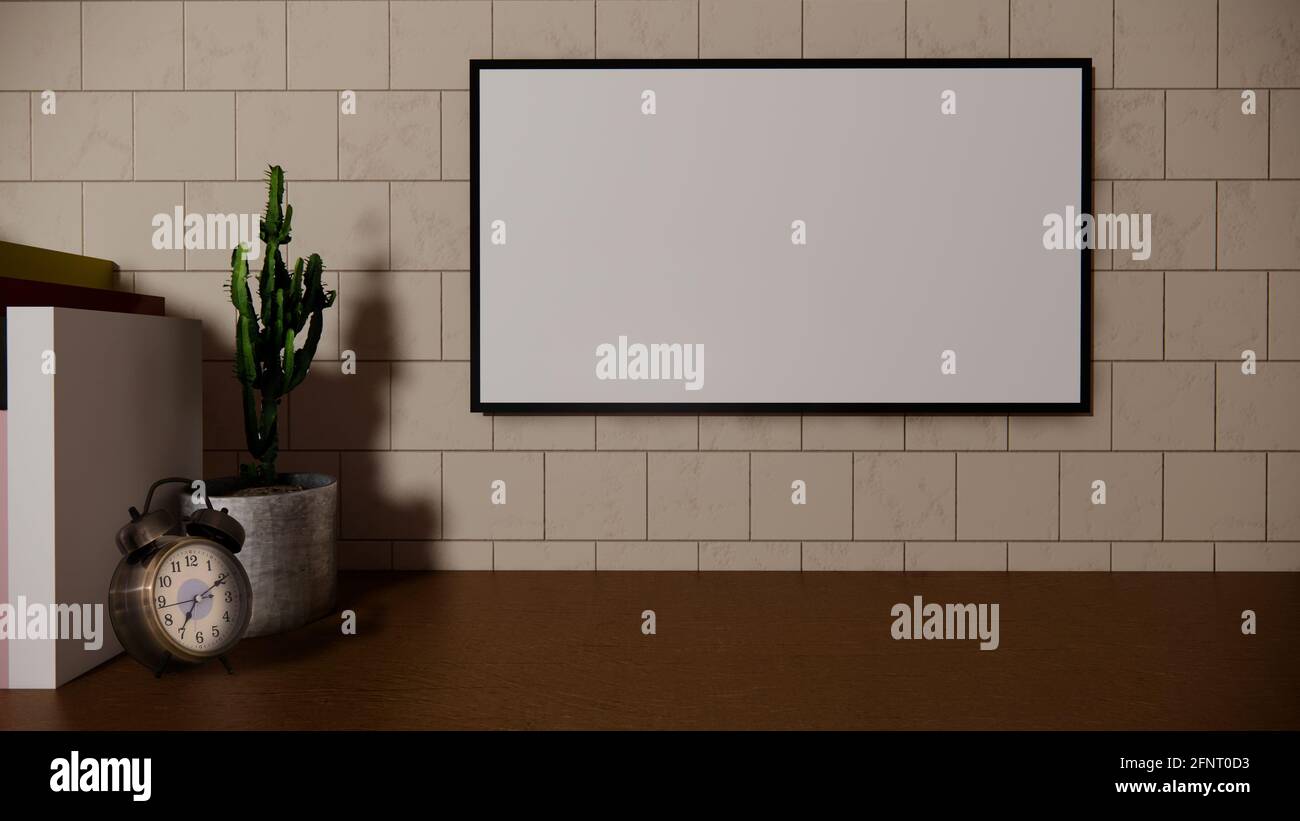 Mockup poster or picture frame, book and clock on wooden desk, 3d ...