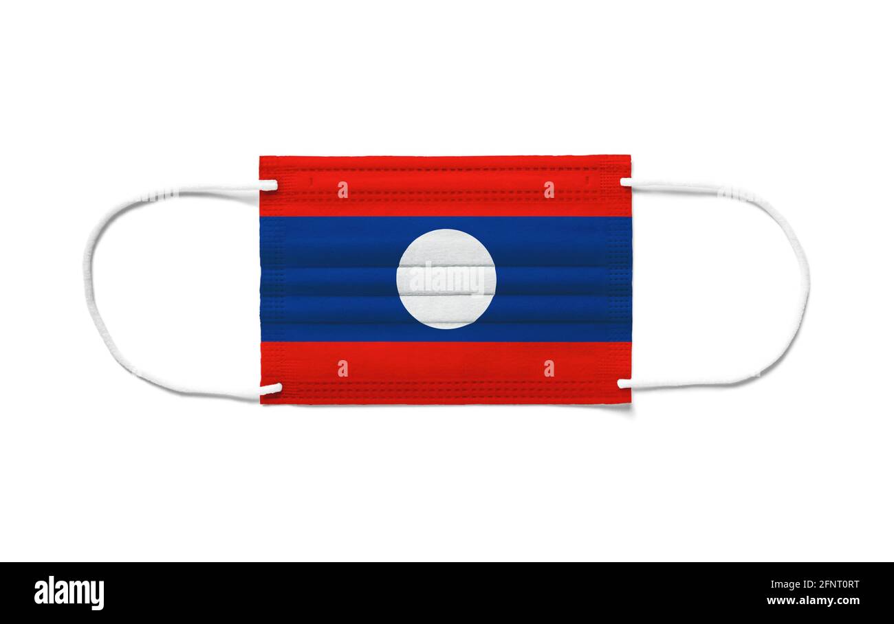 Flag of Laos on a disposable surgical mask. White background isolated ...