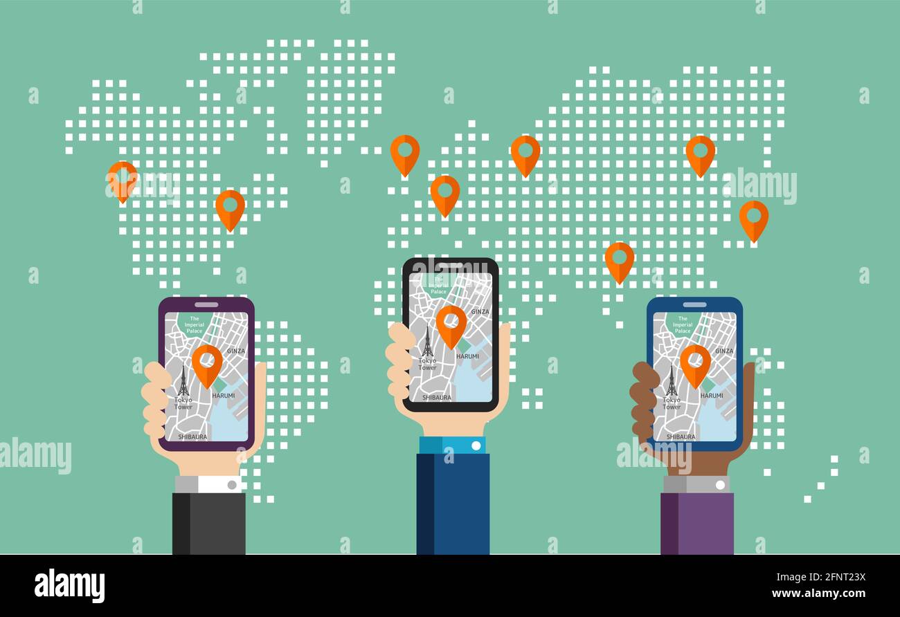 Mobile gps navigation service banner illustration. Hand-holding mobile ...