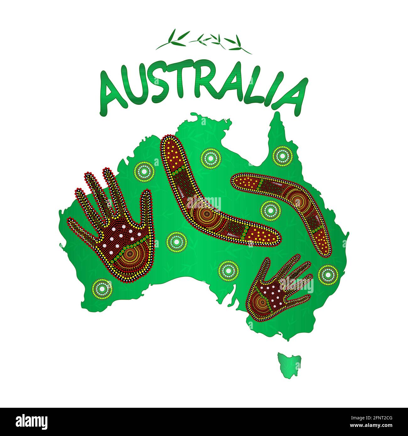 Map of Australia with two hand and boomerang. Australian continent ...