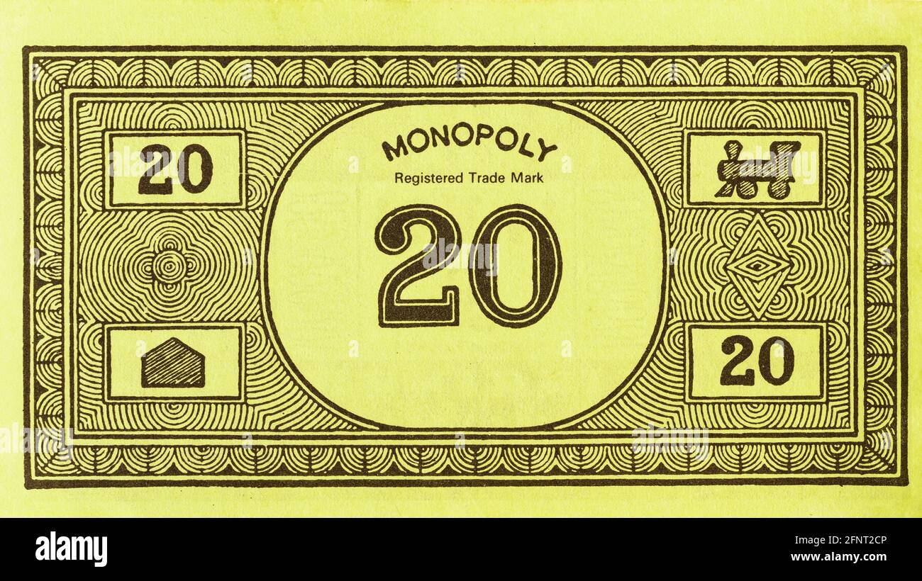 Twenty units Monopoly Money Note Close up Stock Photo - Alamy