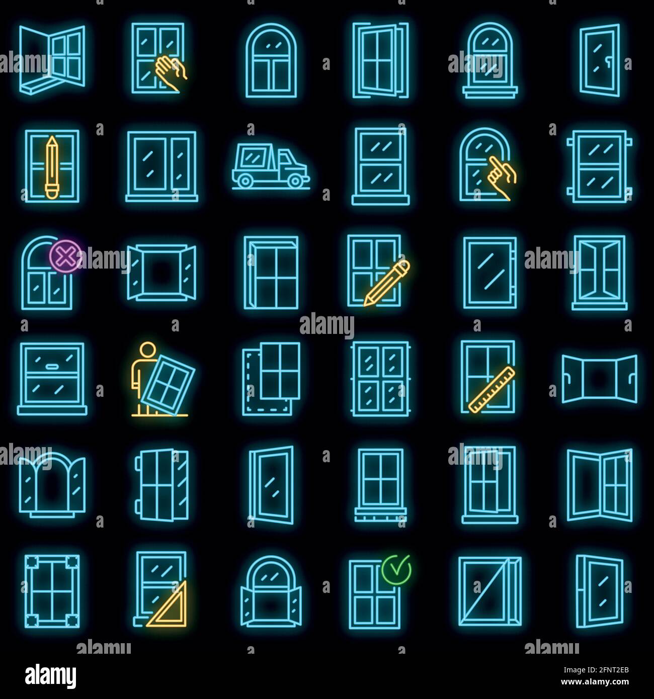 Window installation icons set. Outline set of window installation ...
