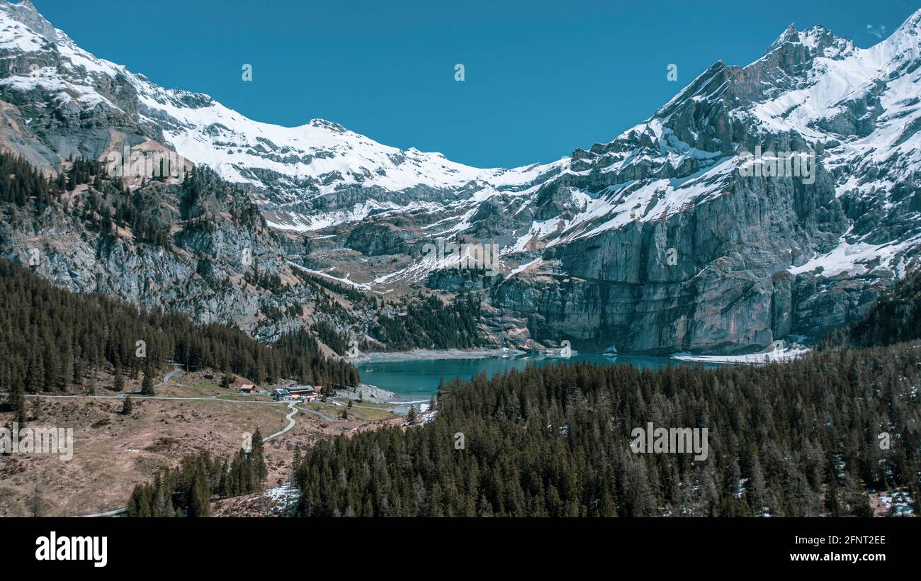 High alpine lake of Oeschinensee in Kandersteg, Switzerland. The ...