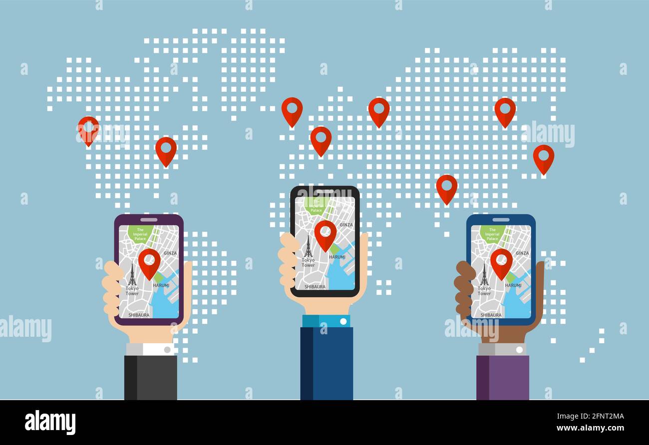 Mobile gps navigation service banner illustration. Hand-holding mobile phone with map ...