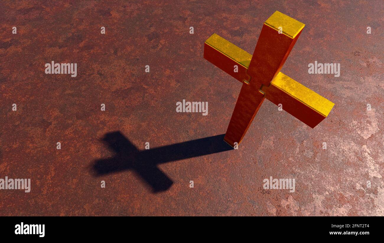 Concept or conceptual golden cross on a rusted corroded metal or steel ...