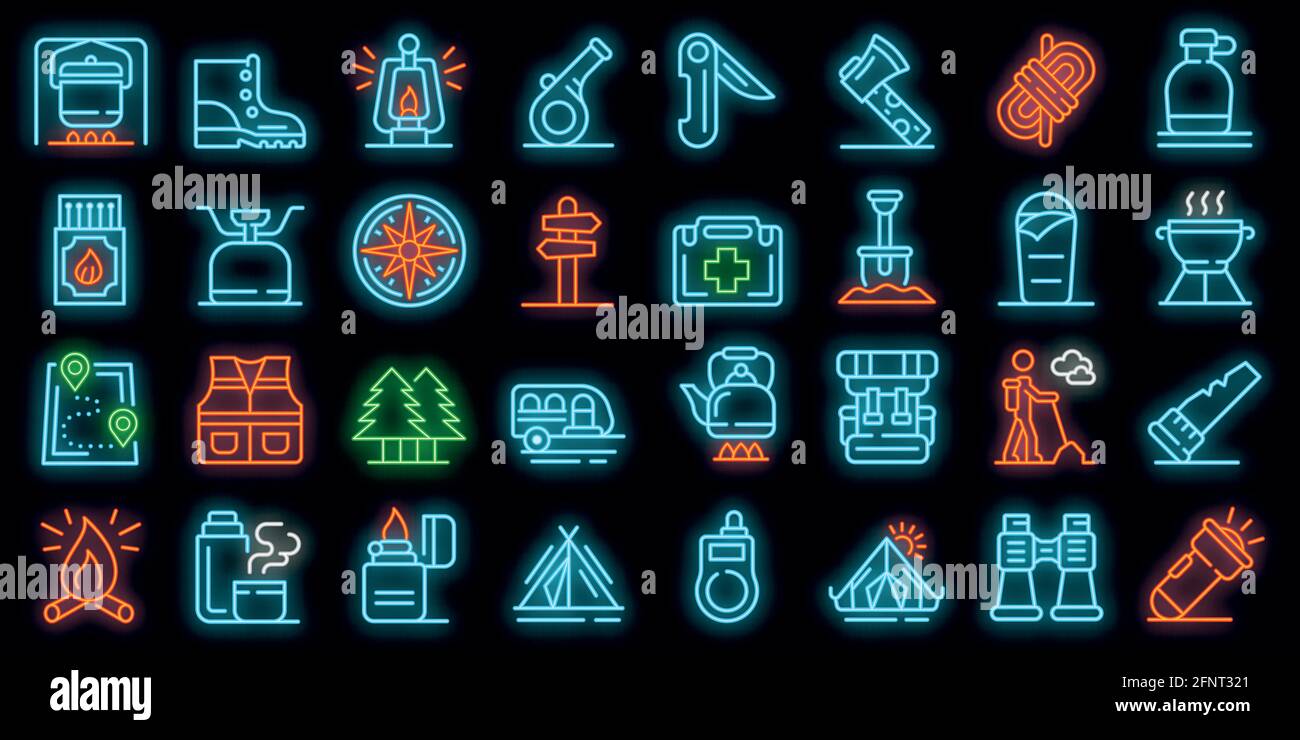 Survival icons set. Outline set of survival vector icons neon color on ...
