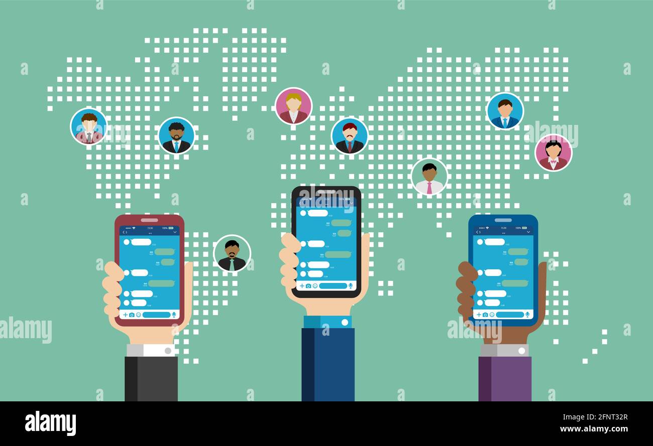 Hand holding smartphone vector banner illustration /Chat app (SNS ...