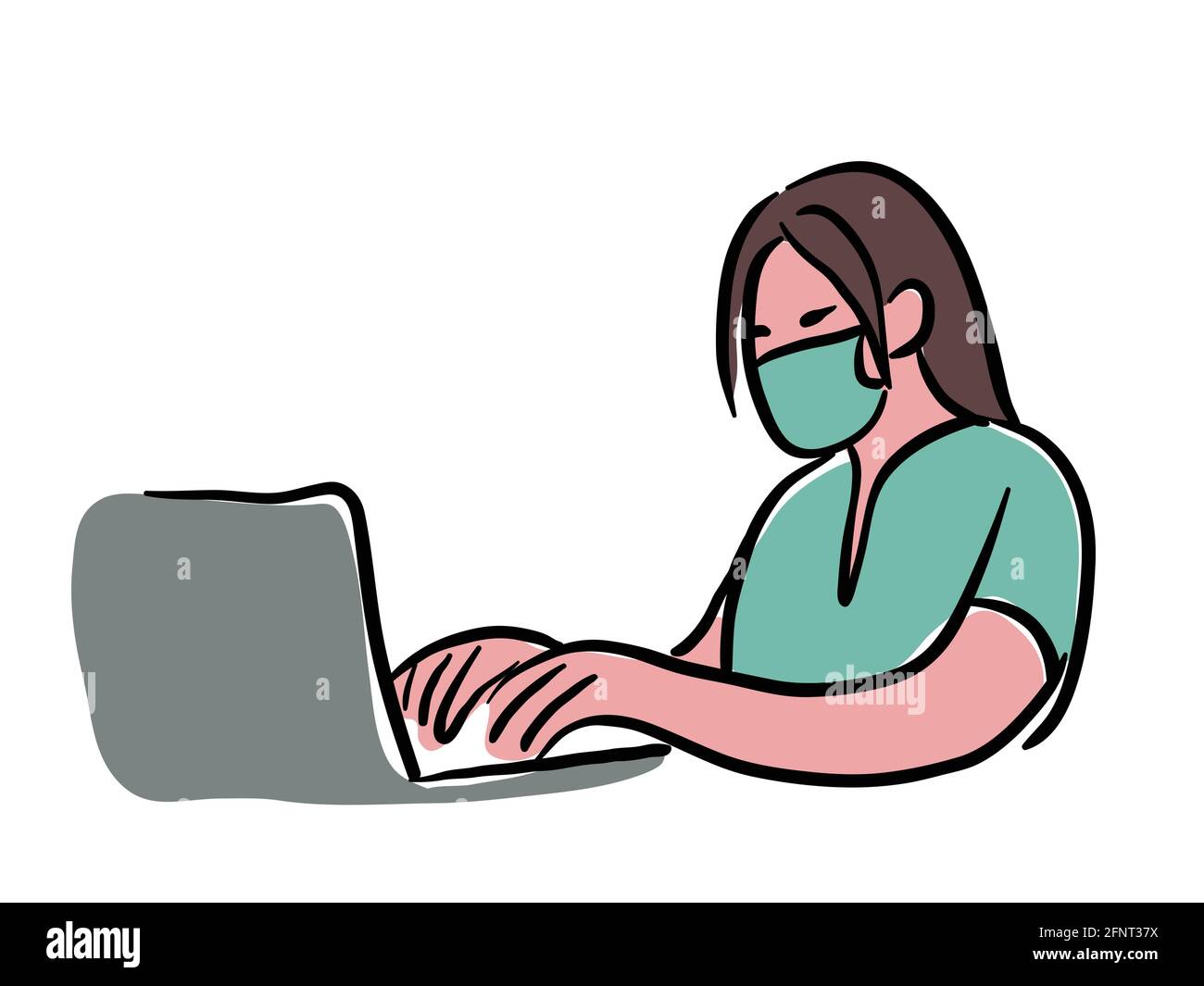 Woman with mask working on computer vector illustration Stock Vector ...