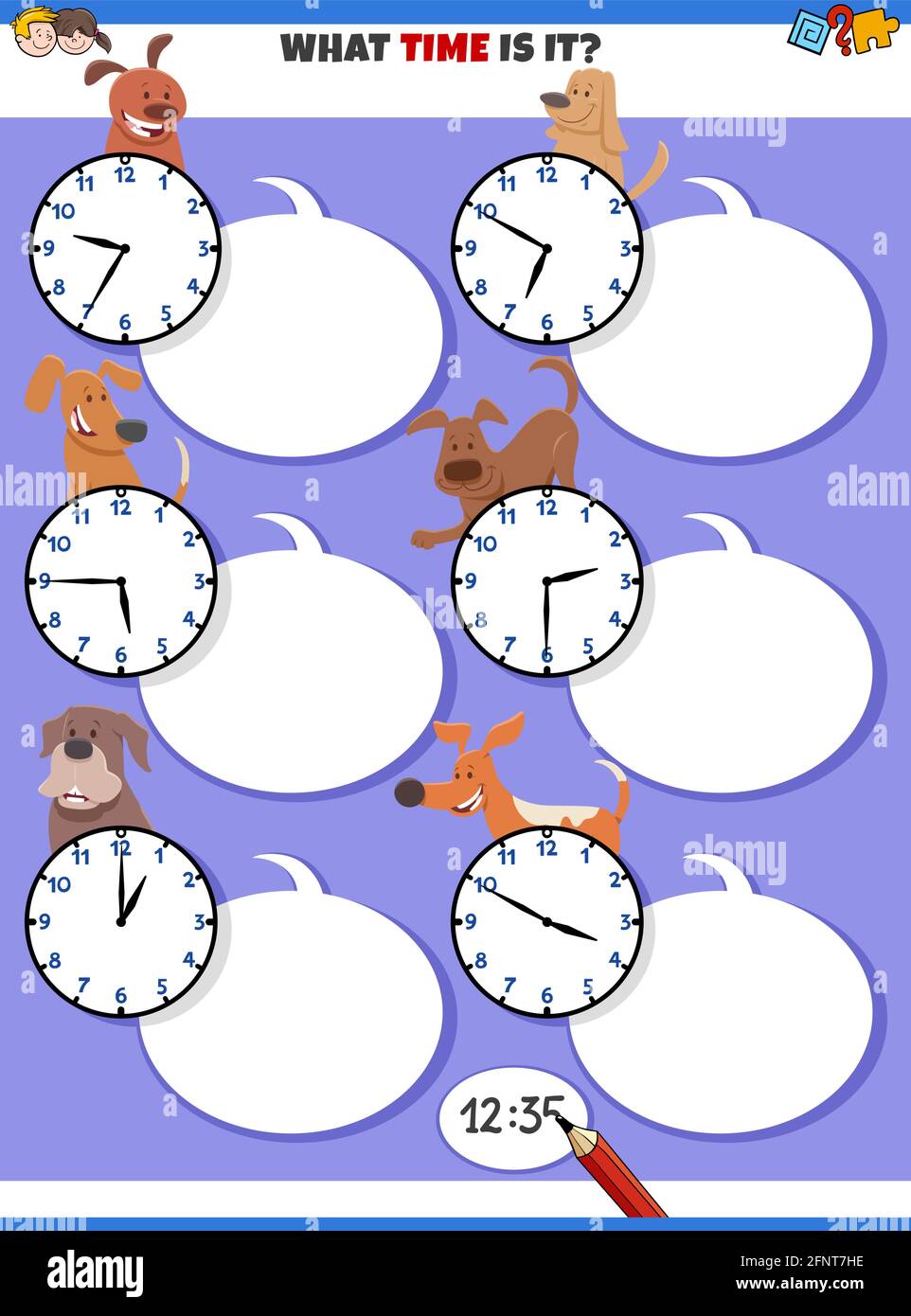 Cartoon illustrations of telling time educational task with clock faces ...