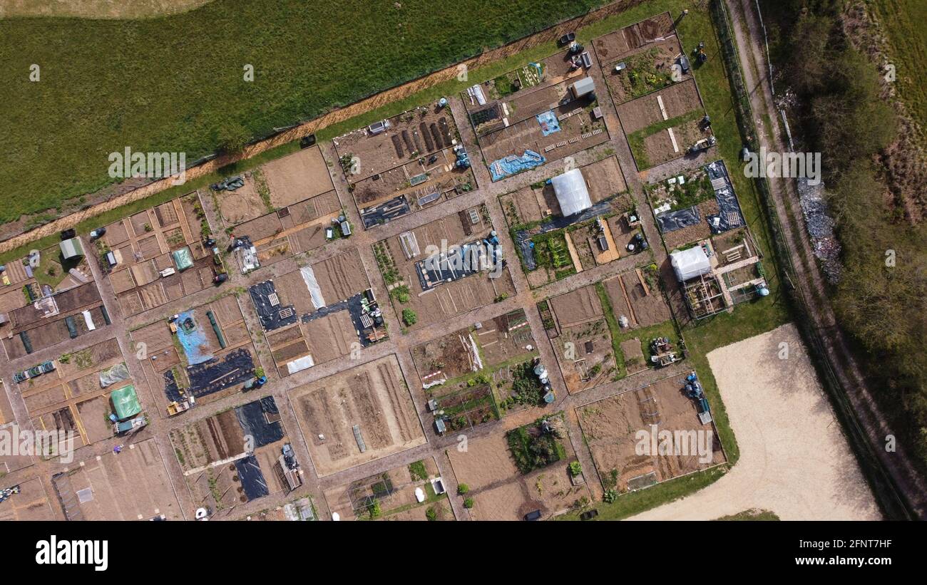An aerial view of some allotments surrounded by fields Stock Photo - Alamy