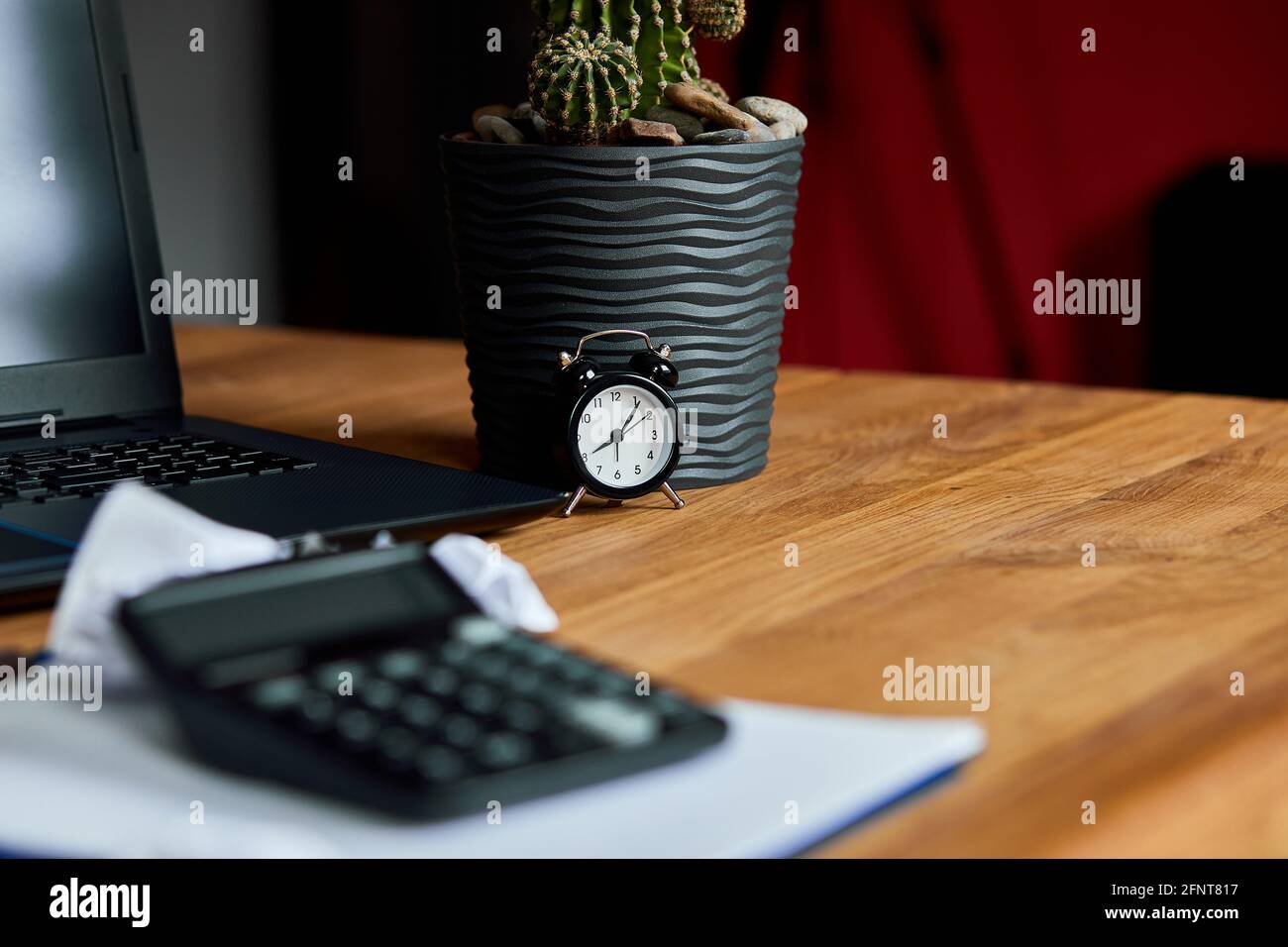 Still life of accountant workspace with office accessories calculator ...