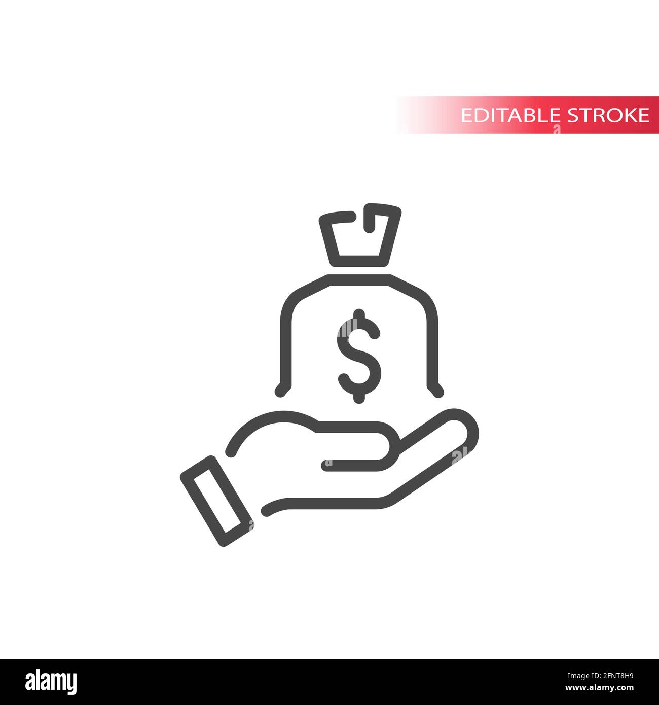 Money bag or sack with hand line vector icon. Editable stroke symbol ...