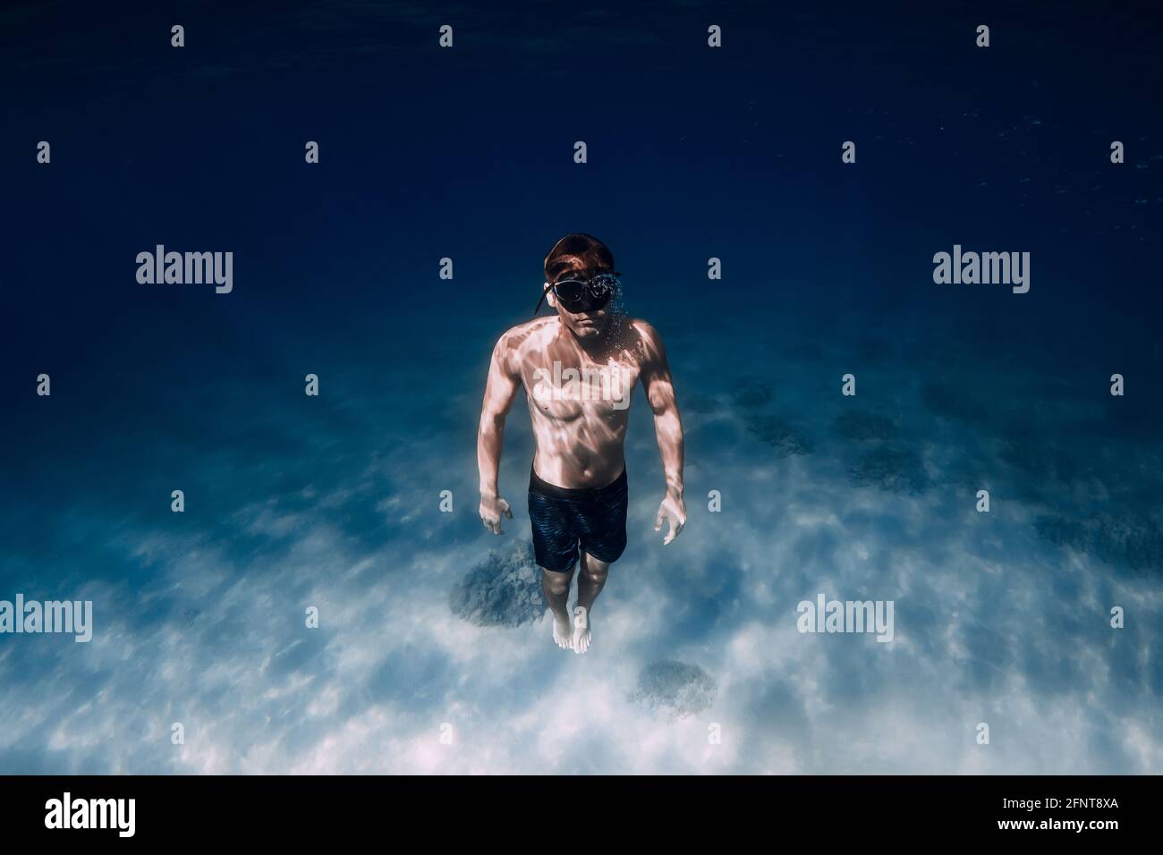 Man freediver underwater in blue ocean in Hawaii. Sporty man close up ...