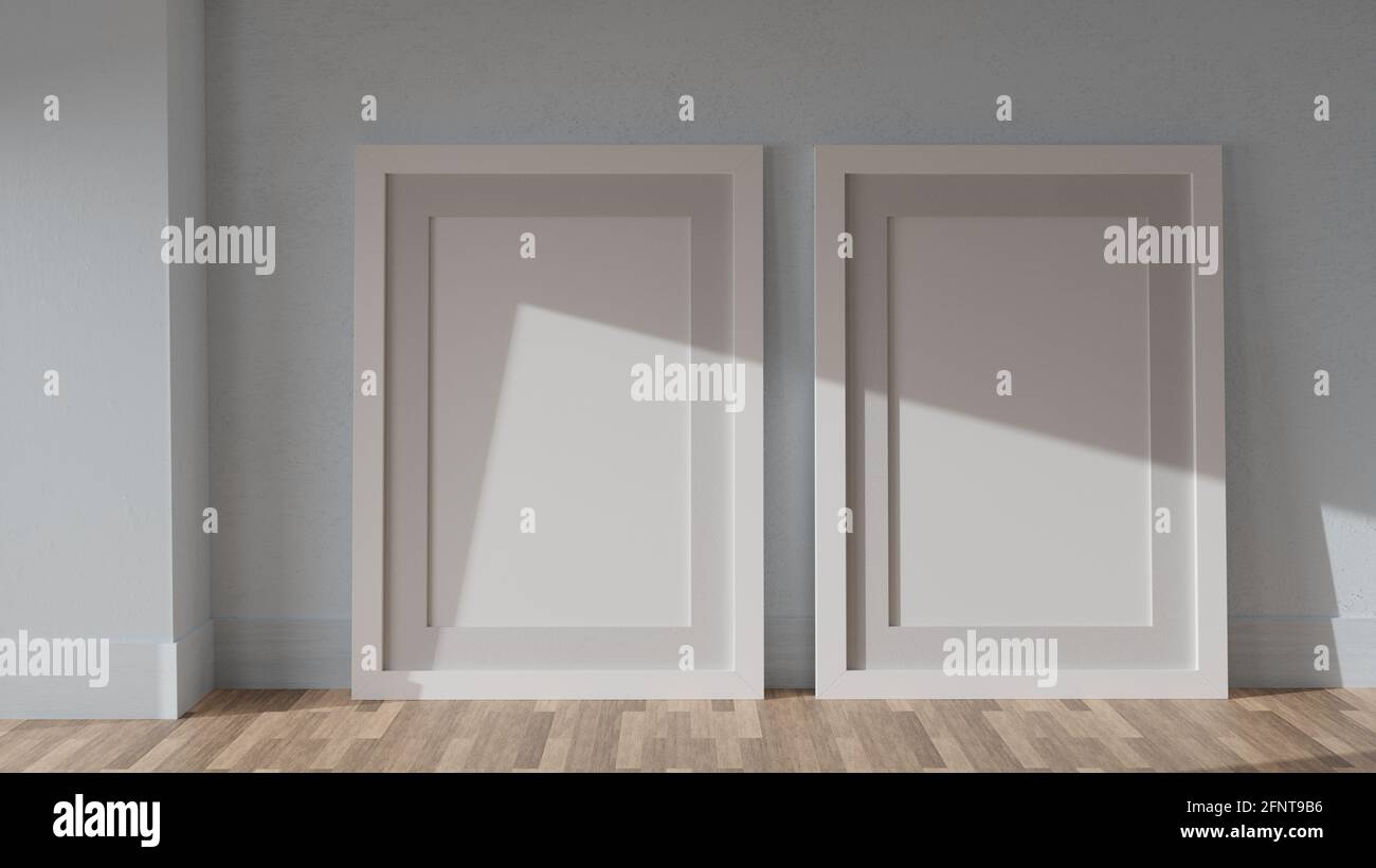 Two posters mockup on a white wall with a white frame. CGI image, 3D ...