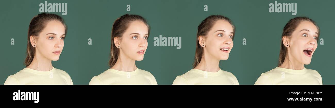 Evolution of emotions. Caucasian young woman's portrait isolated over ...