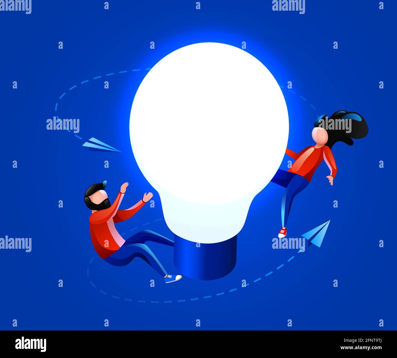 People fly around lightbulb idea. Innovation, Brainstorming and ...