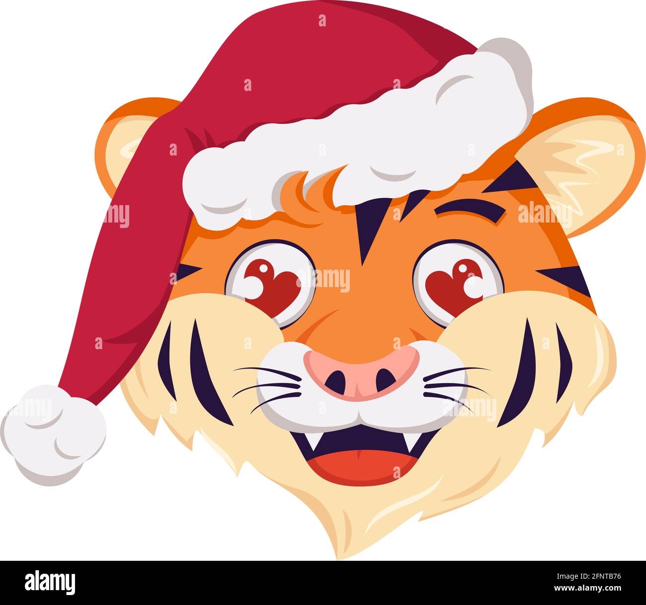Cute happy tiger character, simbol of New Year in a red Christmas cap ...
