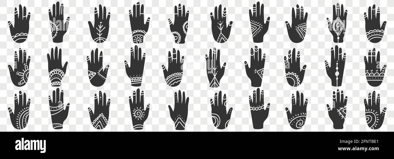 Human hands with occult signs doodle set. Collection of hand drawn ...