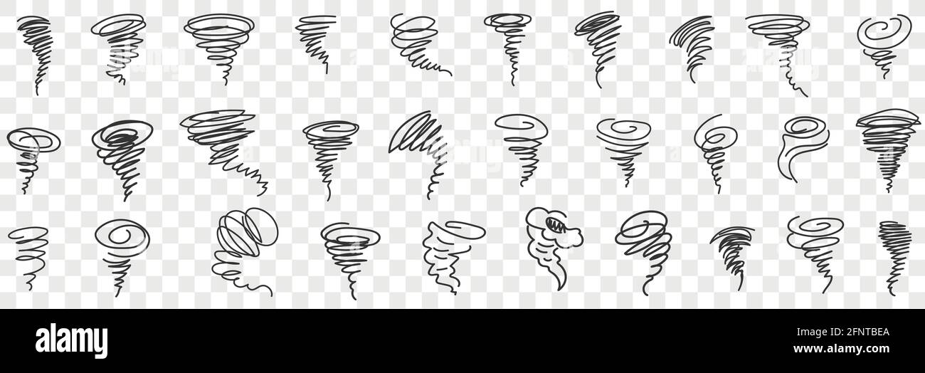 Tornado and hurricane doodle set. Collection of hand drawn natural ...