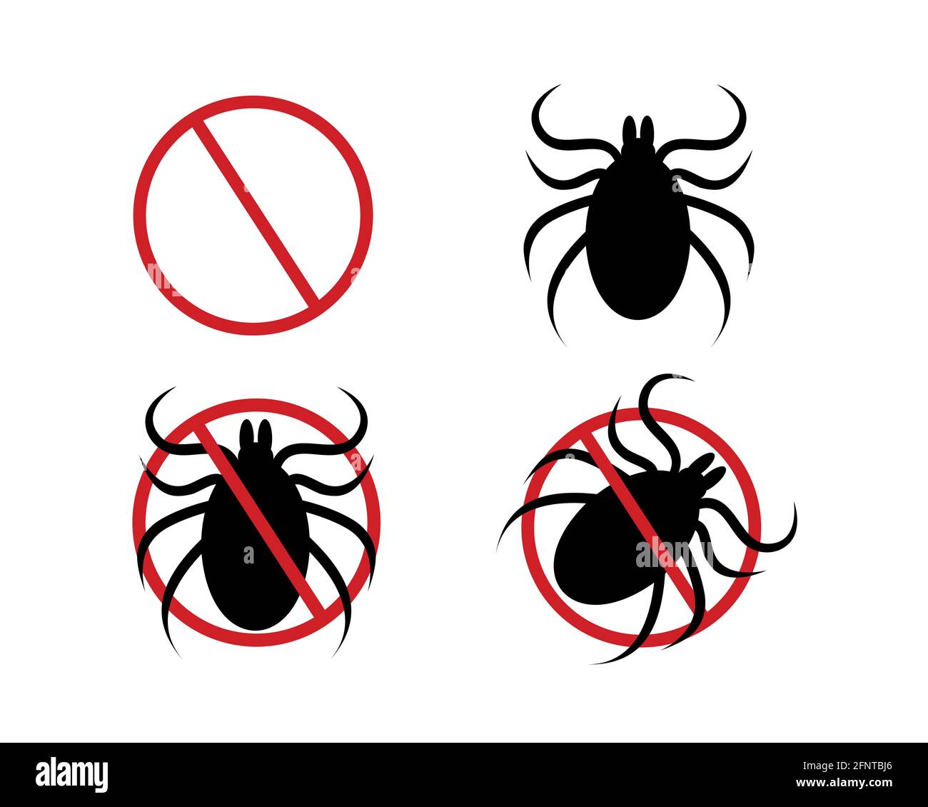 Stop mite icon set. Red forbidden sign, tick silhouette and two ...