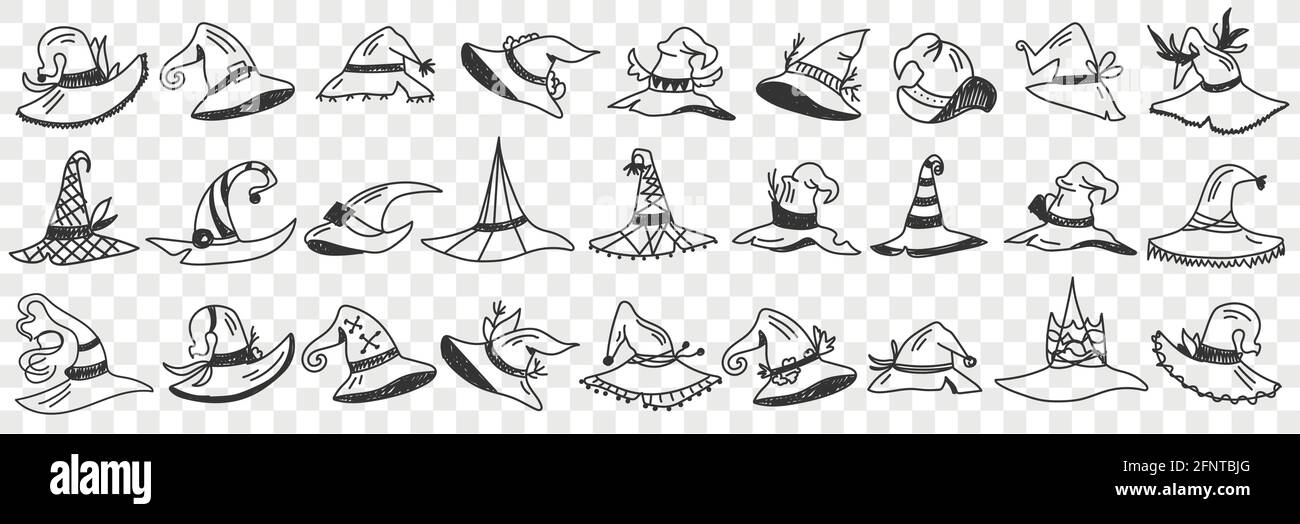 Gnome cap styles doodle set. Collection of hand drawn various shapes ...