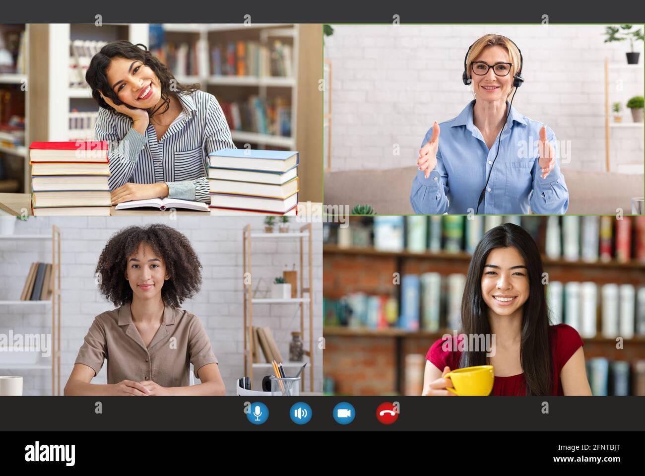 Online education. Group of female students with their teacher having ...