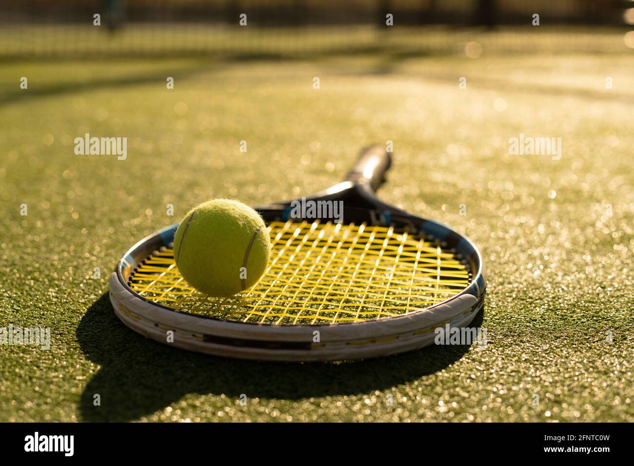 Tennis Ball with Racket on the racket in tennis court Stock Photo - Alamy