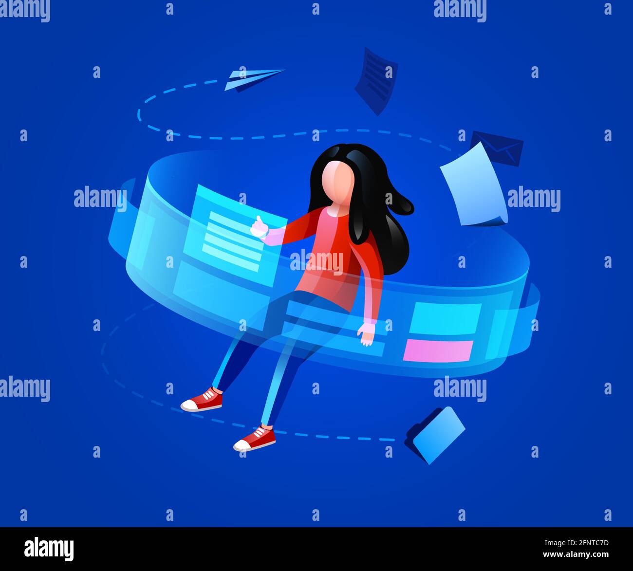 People fly around virtual monitor. Analyzing digital data, virtual ...