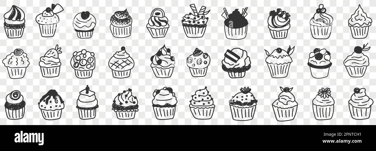 Tasty cupcakes dessert doodle set. Collection of hand drawn various ...