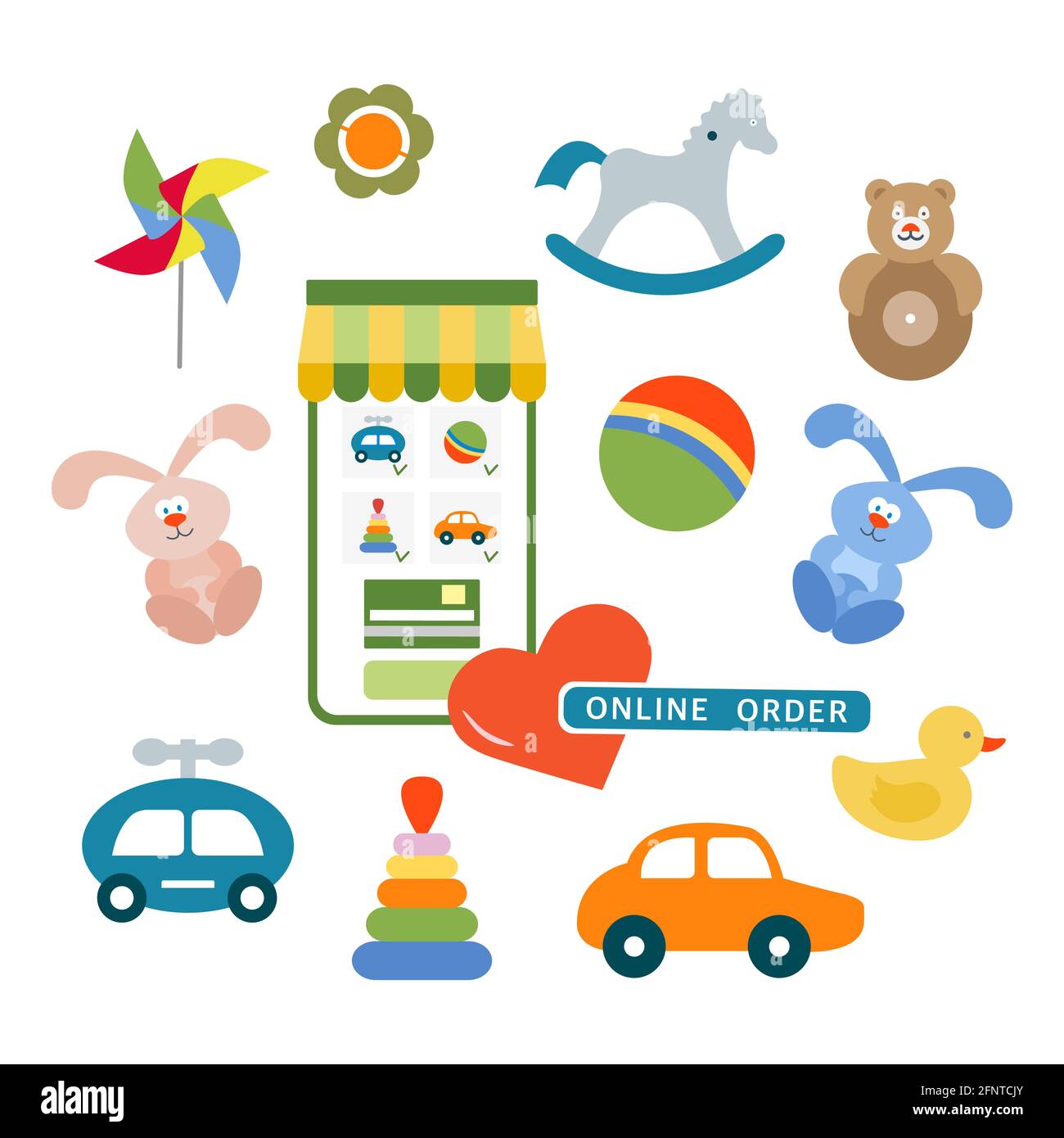 Vector illustration Online order Kid toys Happy childhood Gaming items ...
