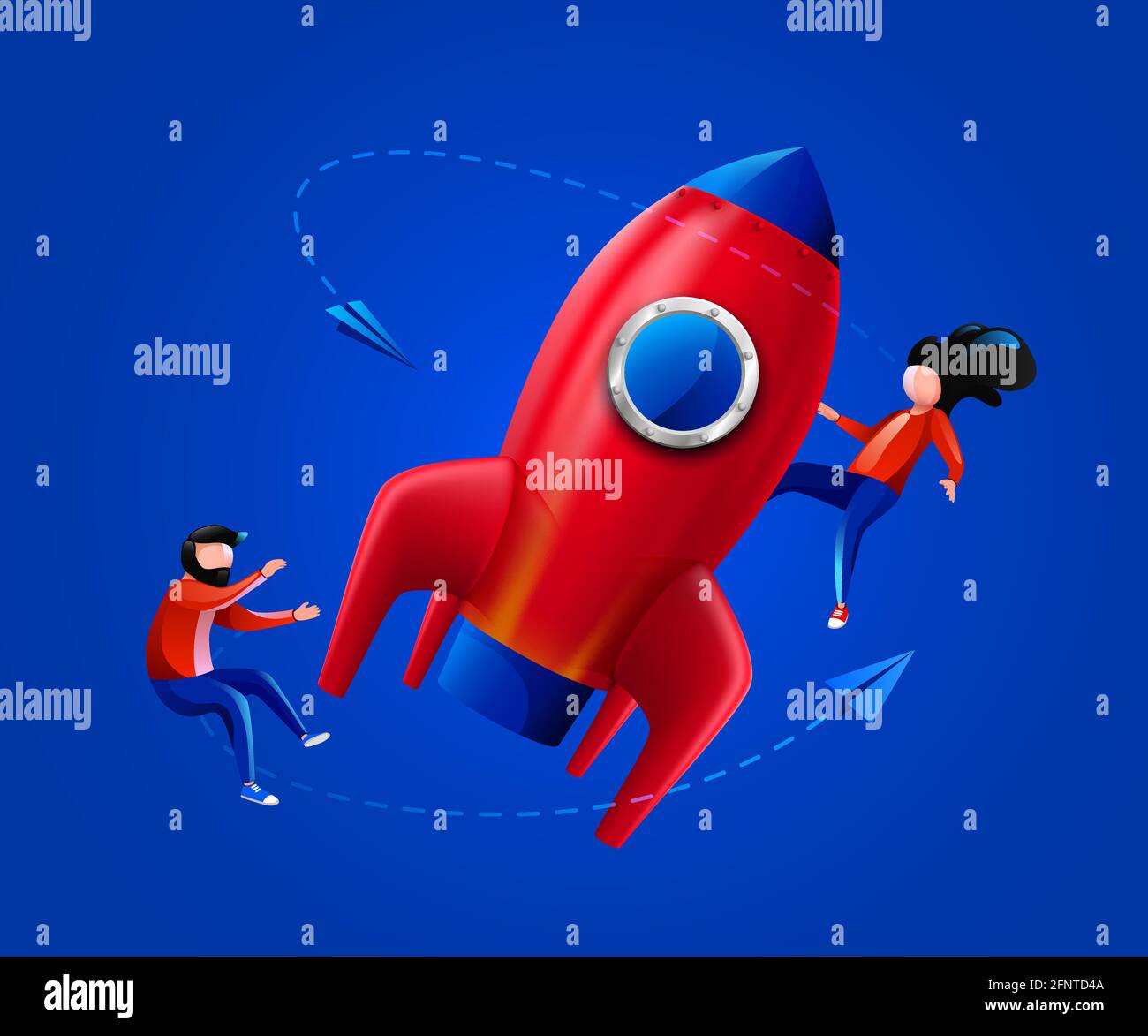 People fly around launching rocket. Startup, project launch or ...