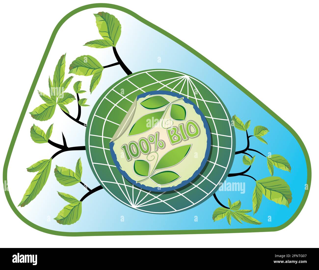 Bio product label in green and blue design with leafs, globe and ...