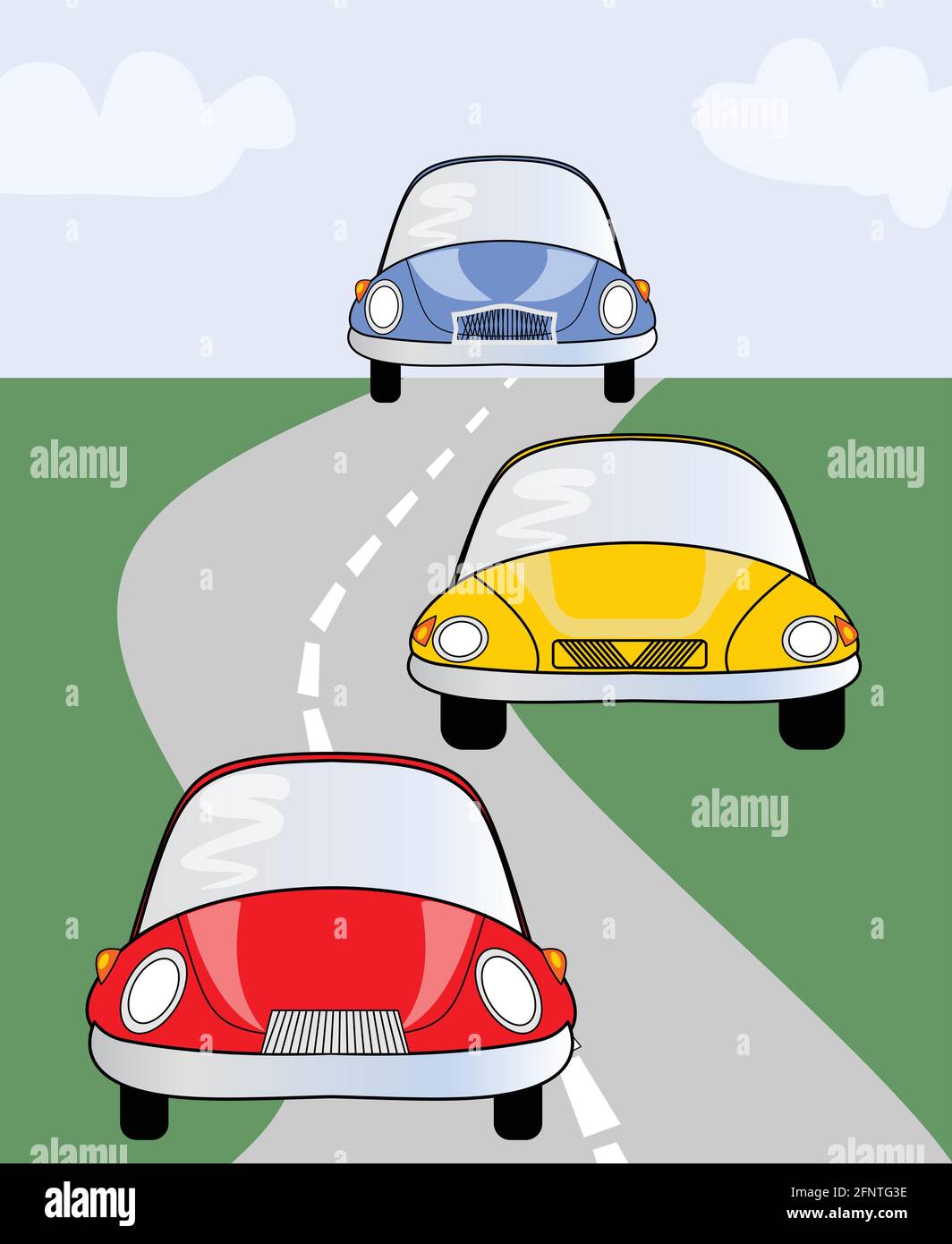 Red, yellow and blue cute car on road. Vector illustration suitable for ...