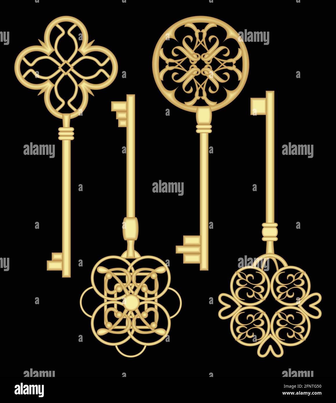 Antigue door key set in golden metallic design with historic ornamental ...