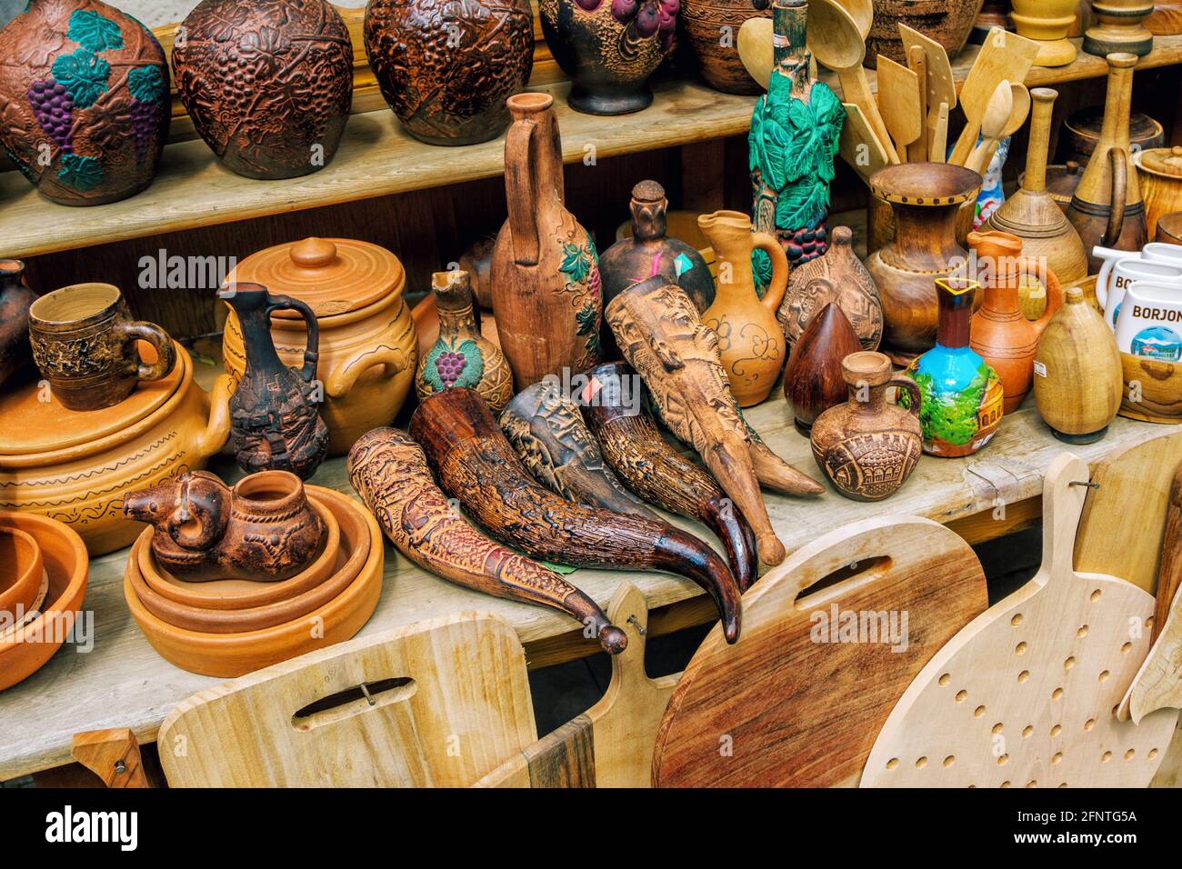 Borjomi, Georgia - July 18, 2019: handmade traditional Georgian carved ...
