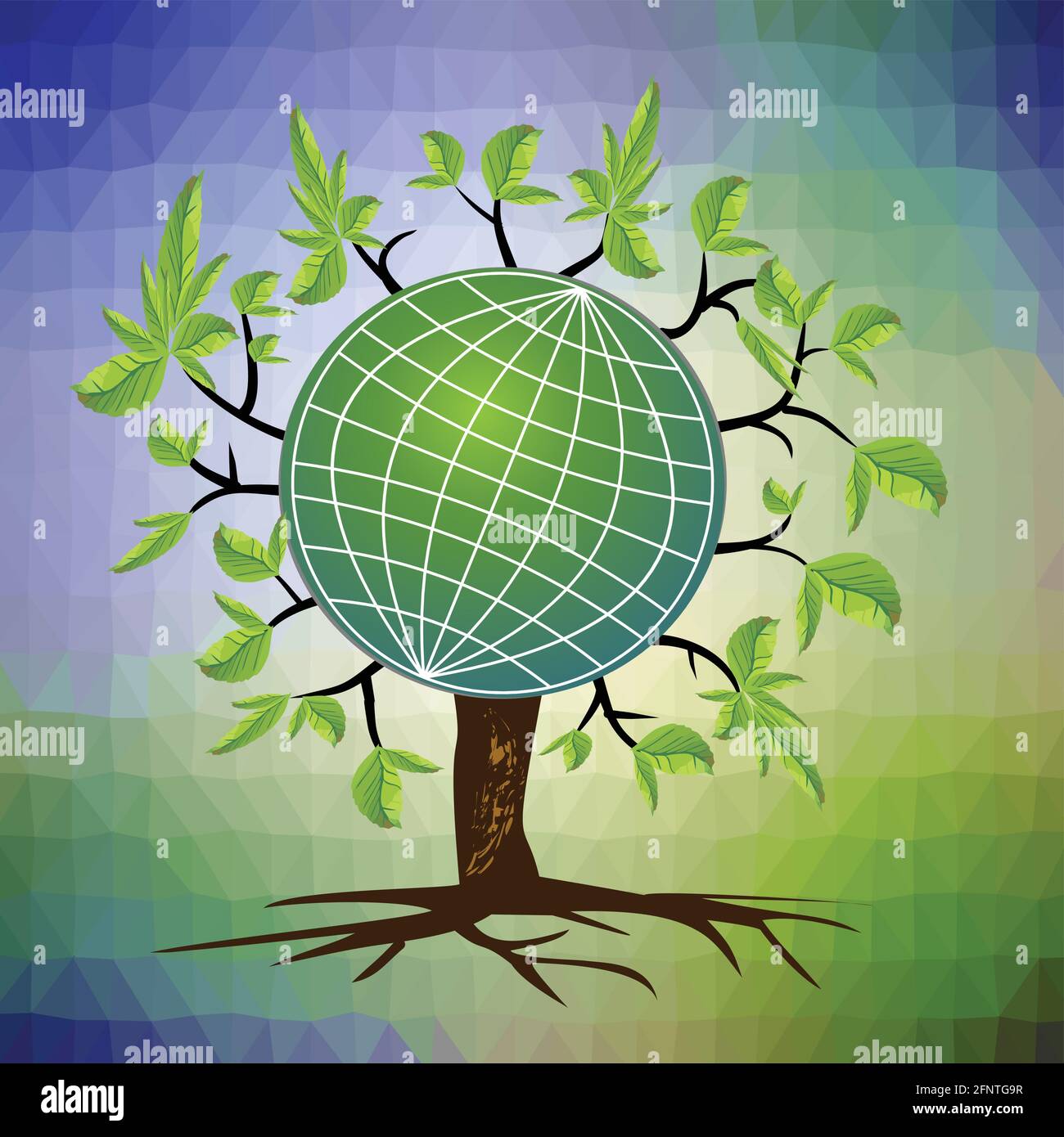 Ecological theme - tree with a globe in branches on the trendy triangle ...
