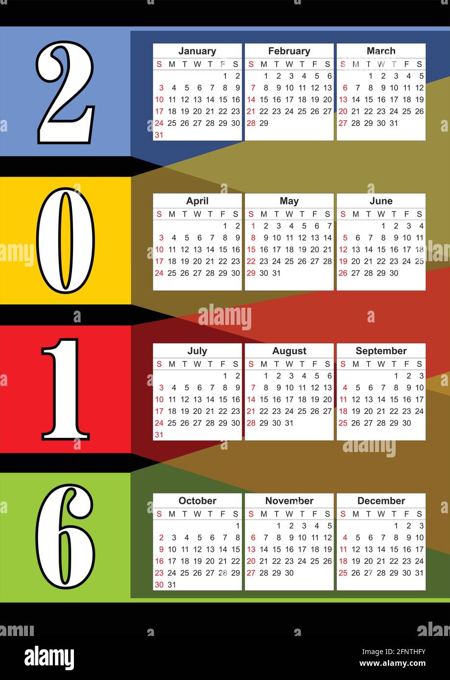 2016 vertical calendar with rainbow overlapping colorful stripes, eps ...