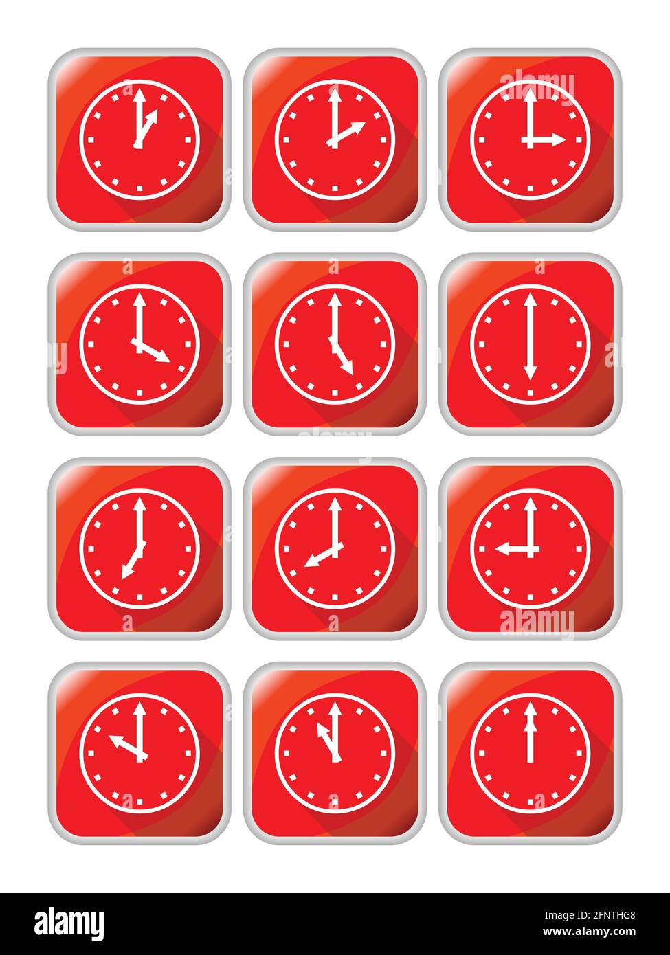 Clock icons with different time on red background with metallic frame ...