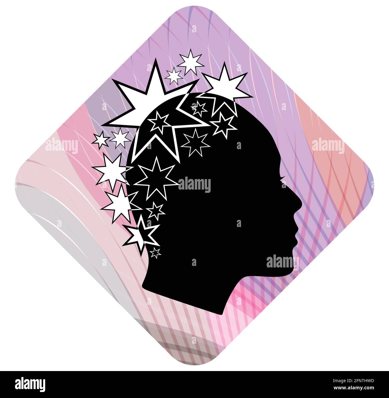 Woman head profile with extravagant star patterned hairstyle on pink ...