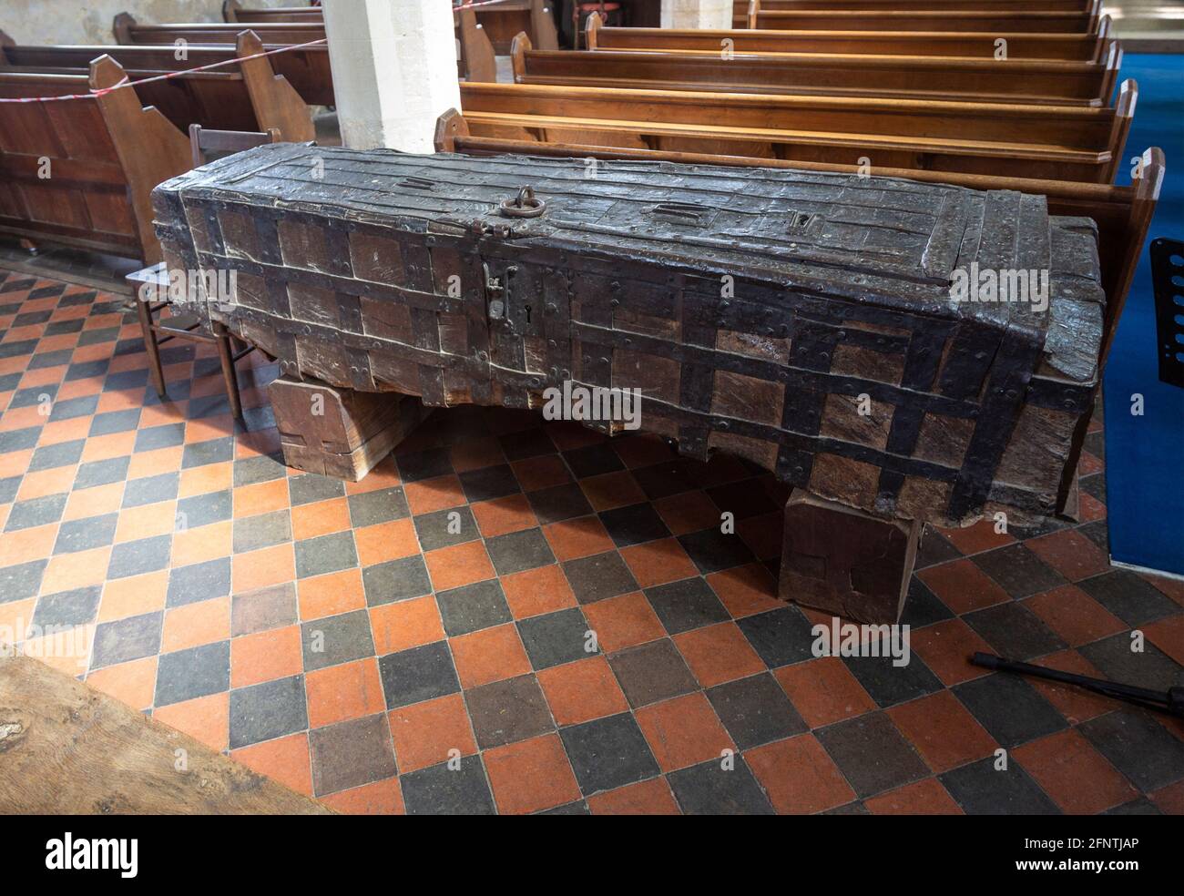 Historic wooden chest use for storing church treasures, Hopton, Suffolk ...
