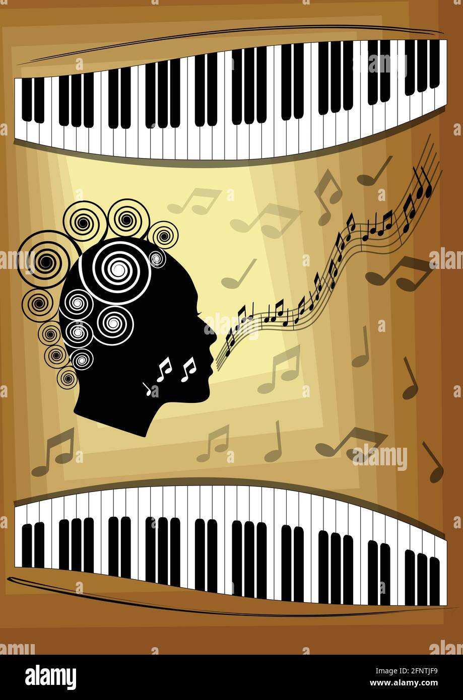 Musical theme with piano keyboard and silhouette face profile of ...