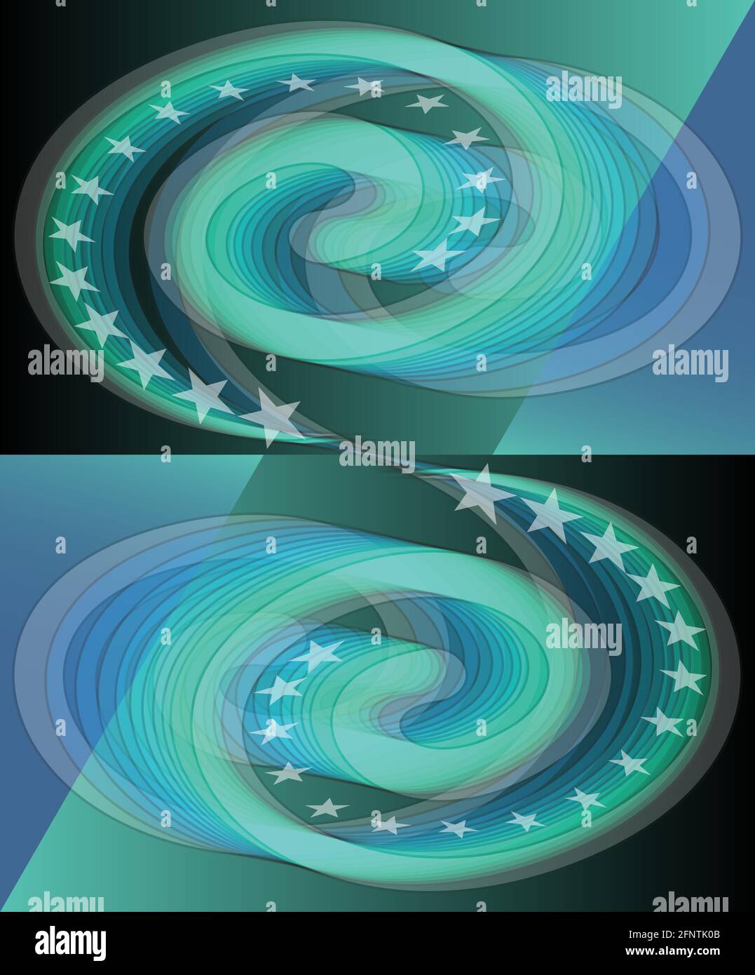 Blending vivid turquoise spiral with little stars. Elements in mirror ...