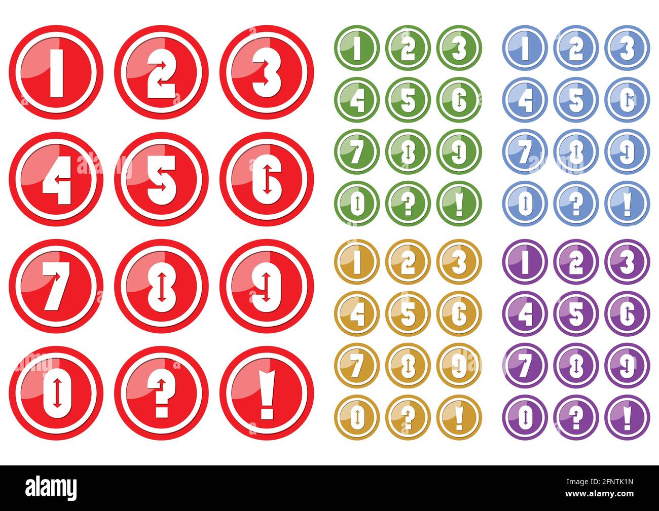 Set of white numbers in circle button includes five color variants, red ...