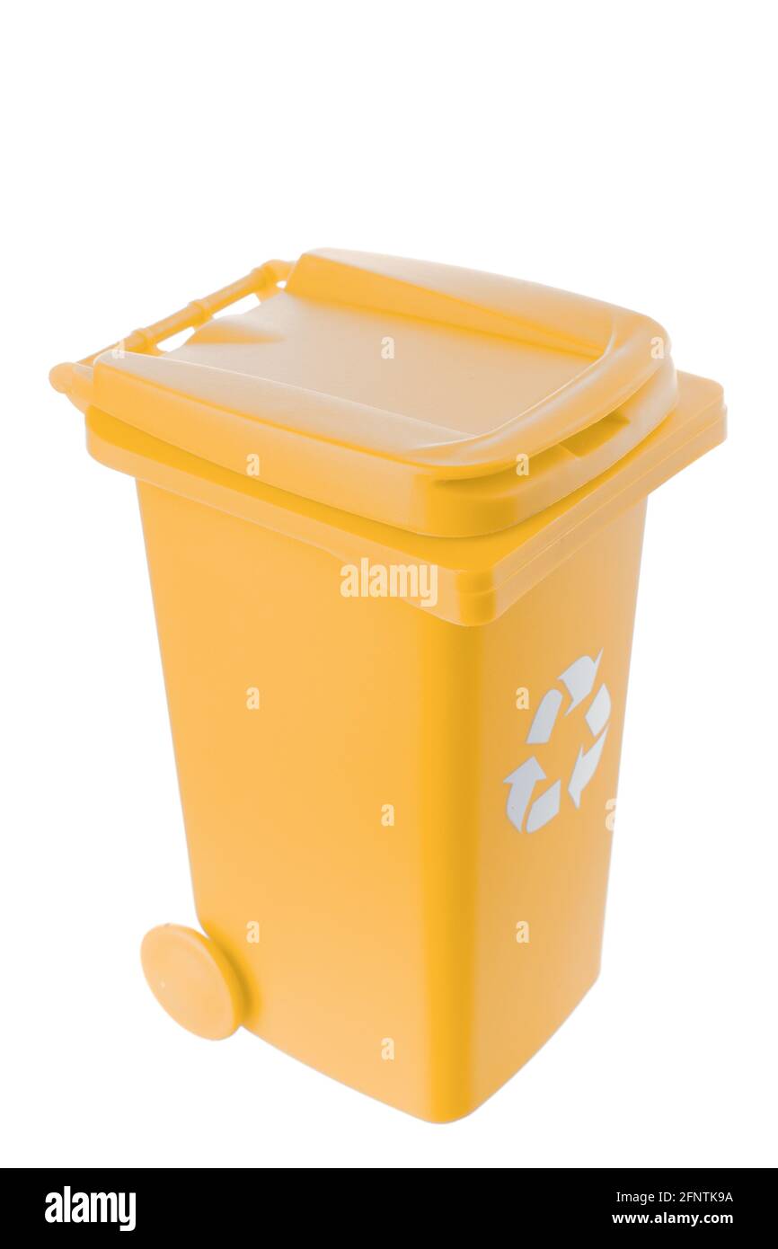 Plastic yellow trash can isolated on white background Stock Photo - Alamy