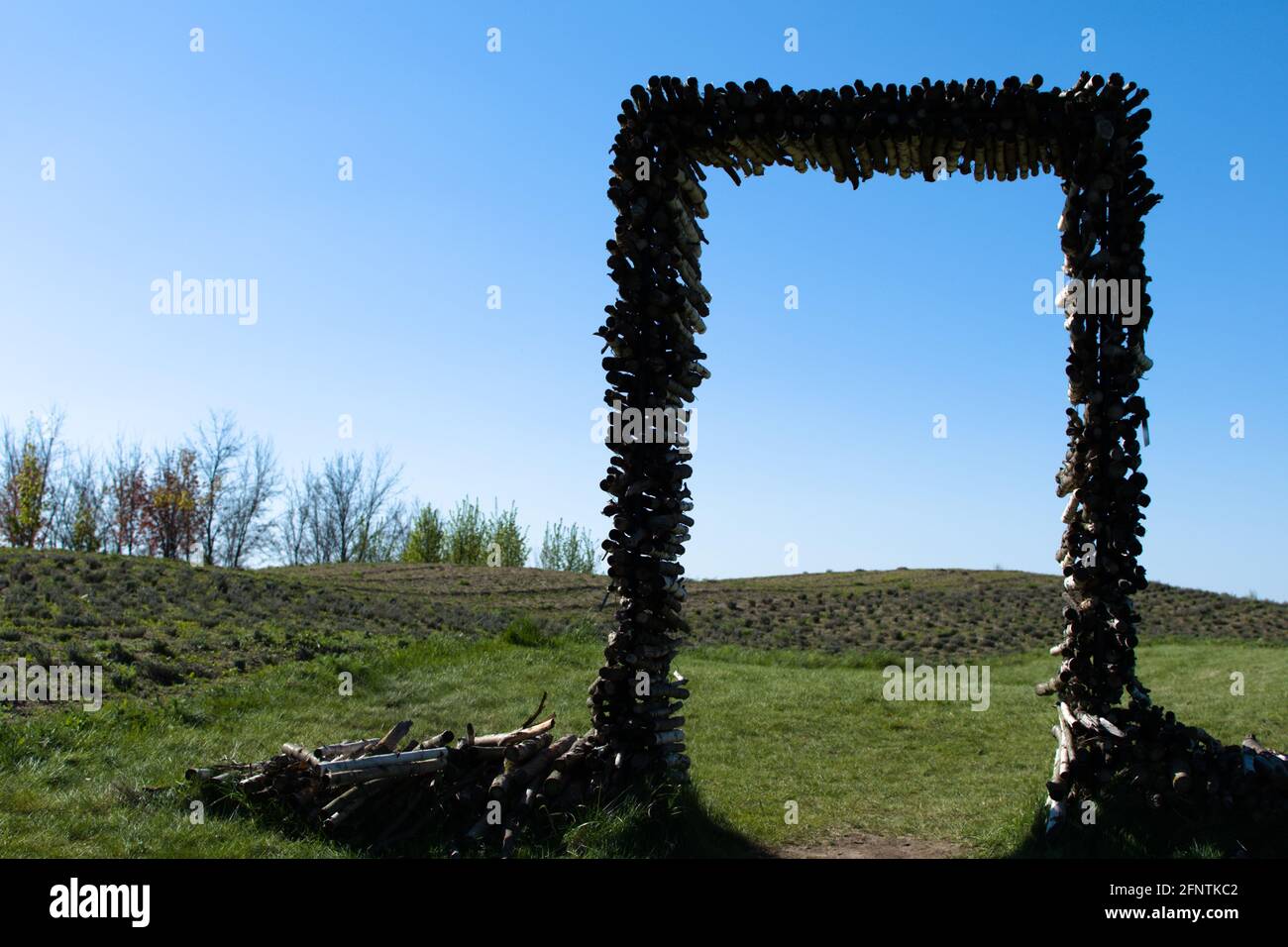 nature landscapes of green meadow with strange objects Stock Photo - Alamy
