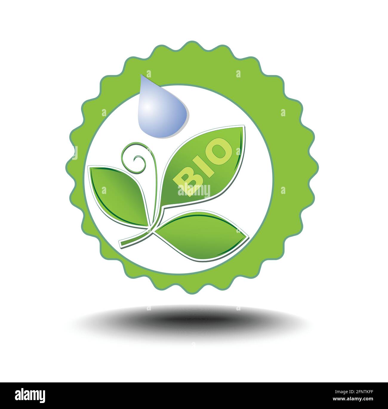Circle bio product label with tree green leafs and drop of water. Motif ...
