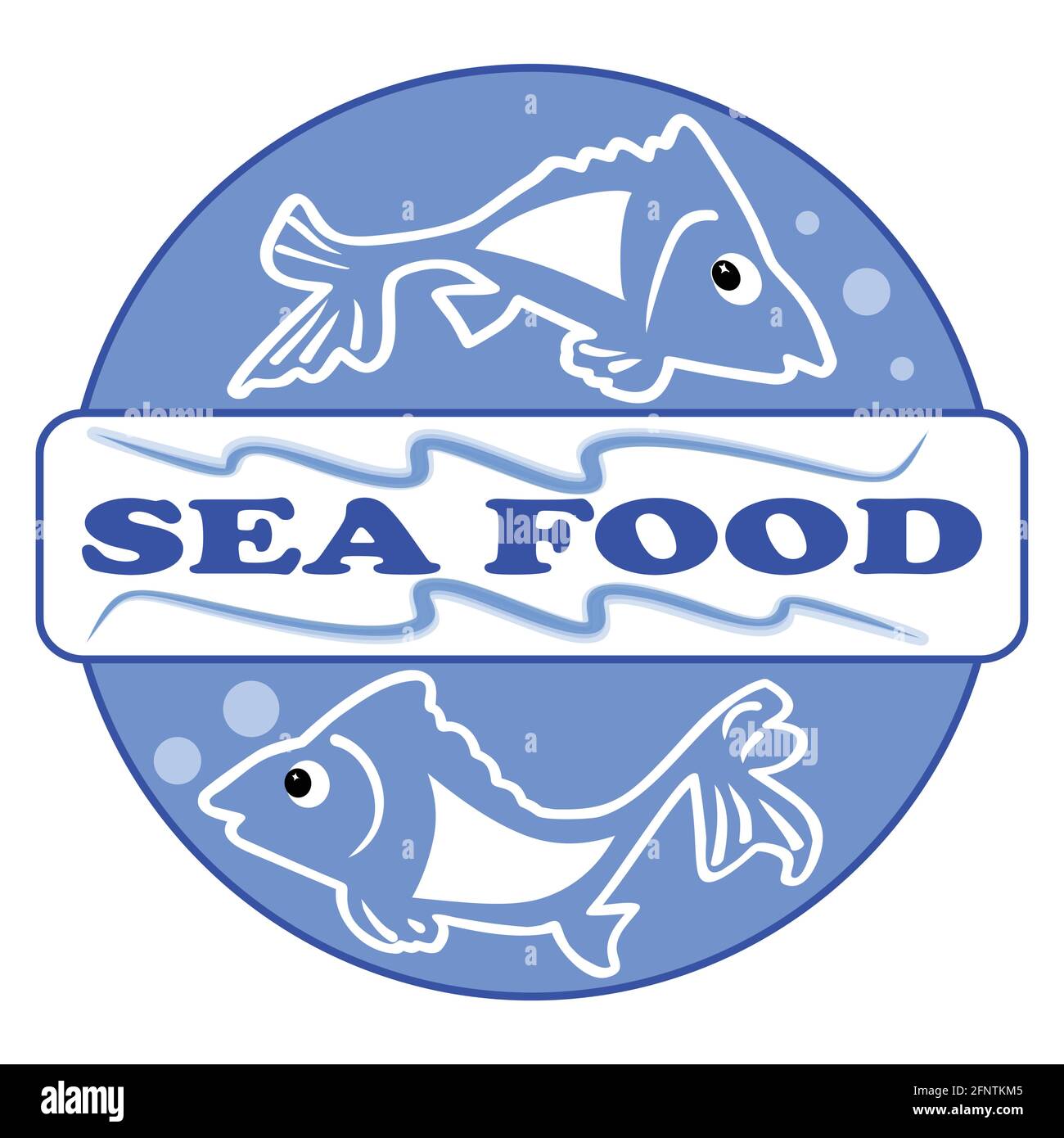 Sea food label or billboard with two cute fish cartoons. Designed in ...