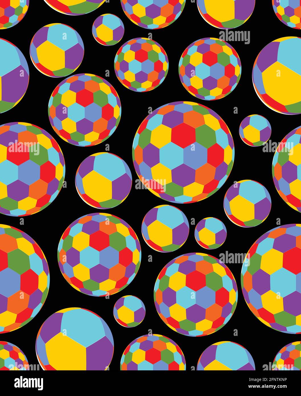 Cheerful colored balls filled of hexagon patterns on a contrasting ...