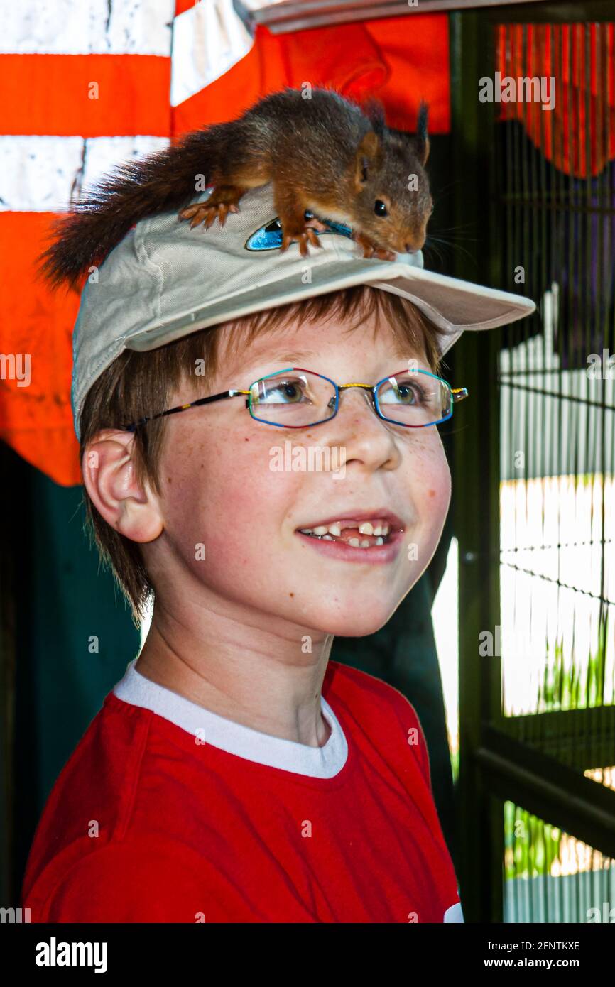 A squirrel sits on the peaked cap of a boy with gap in his teeth Stock ...