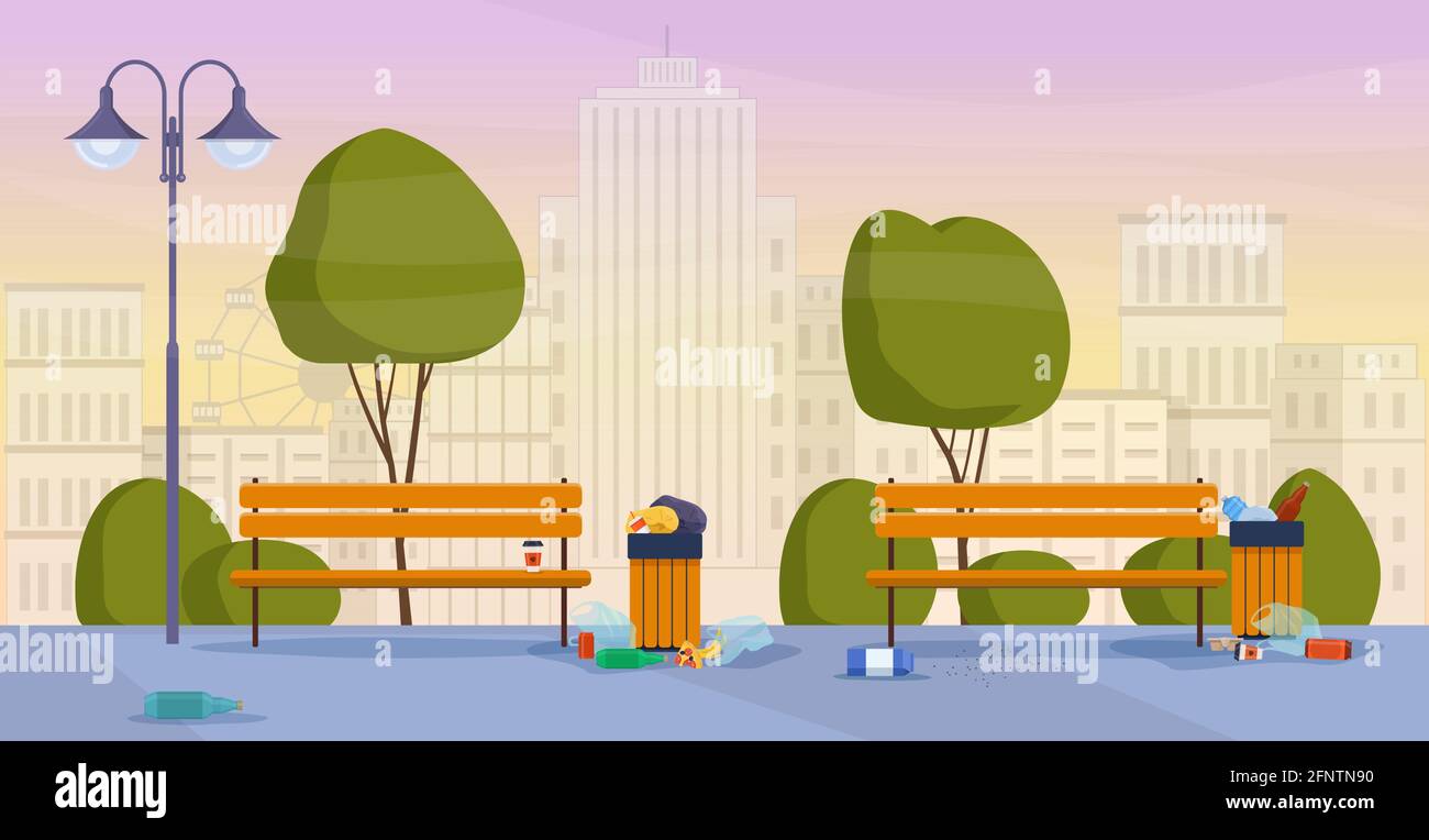 Plastic bottles, bags and other garbage on the street. Dirty street or ...